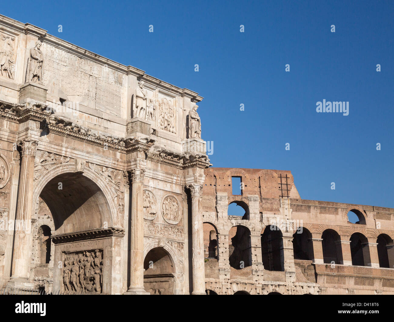 Detail of arch of Constantine and Colosseum in Ancient Rome Stock Photo ...