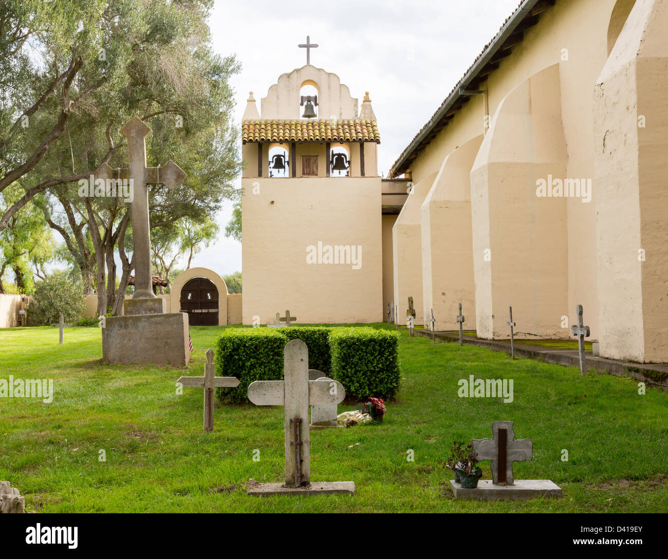 Mission Santa Ines in California exterior on sunny day with clouds ...