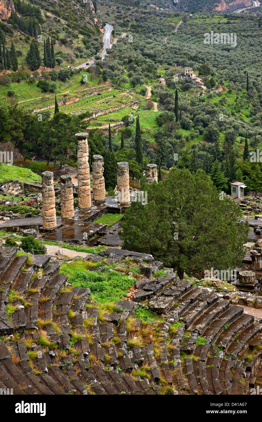 The ancient theater and the temple of Apollo at Delphi, the "navel" of ...