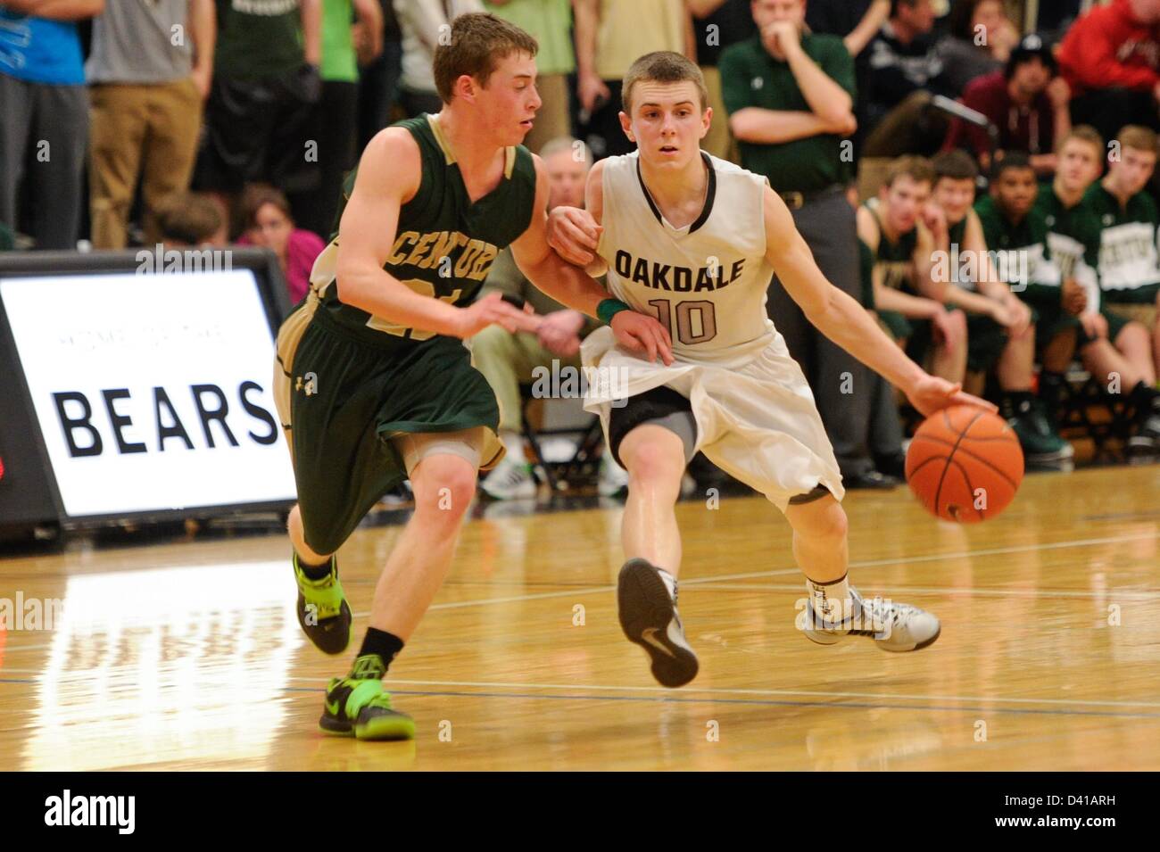 FEB 28, 2013 : Oakdale's guard Clay Connor (10) advances the ball down ...