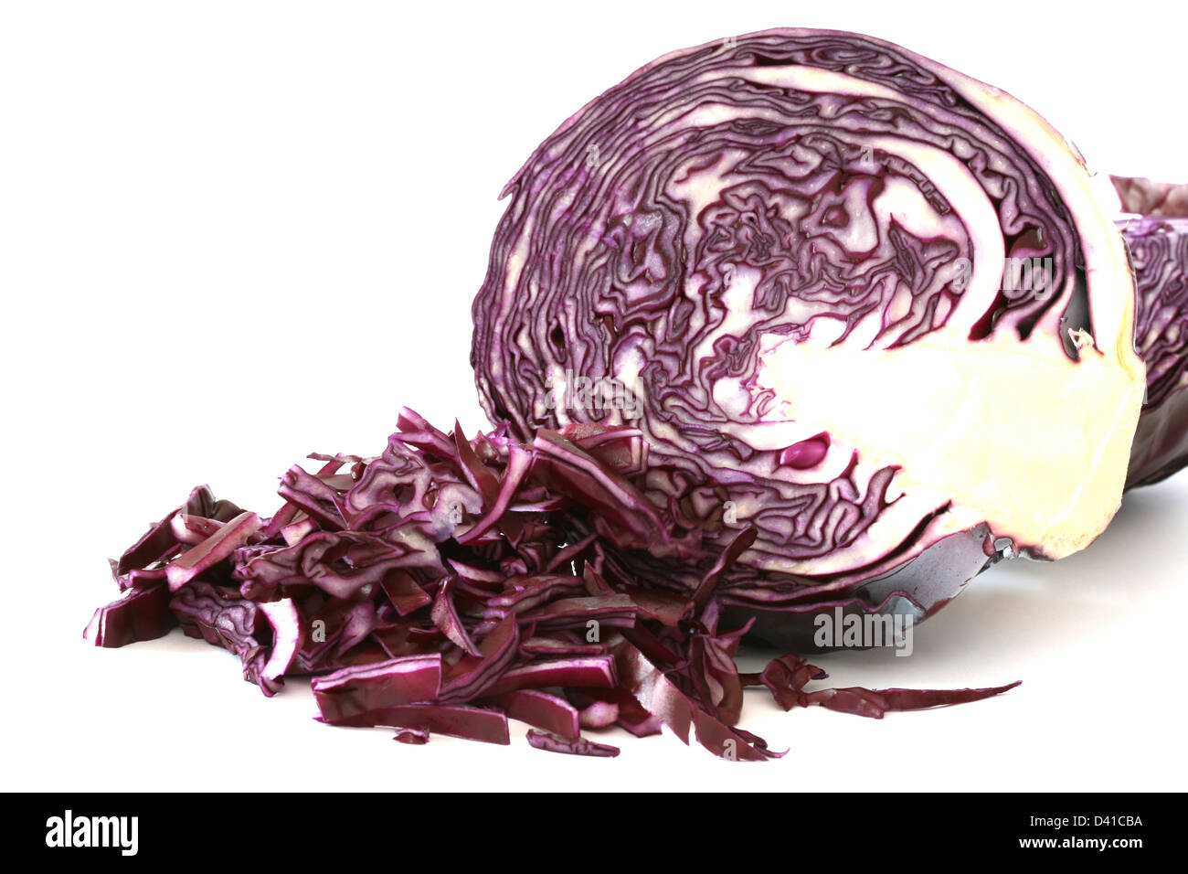 Raw red cabbage half and grated pieces on white background Stock Photo ...