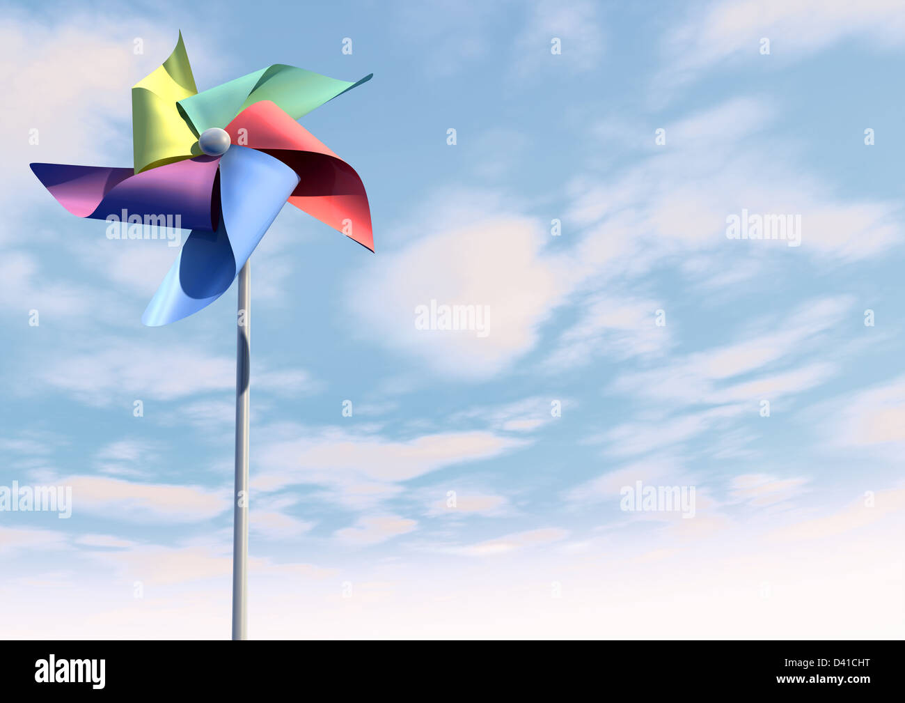 A regular toy pinwheel windmill with five differently colored vanes on ...