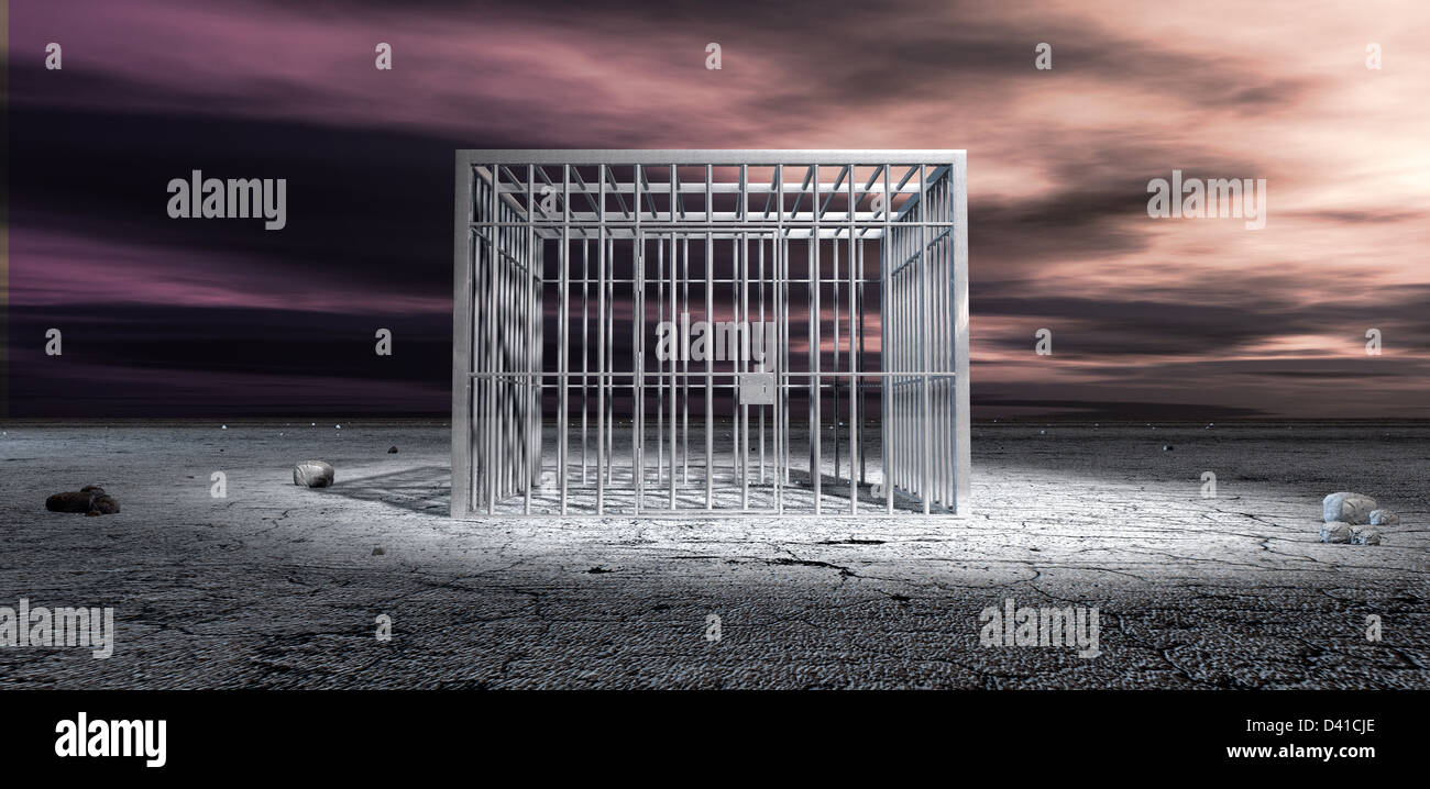 A cubic shaped metal locked jail cell in the middle of a barren ...