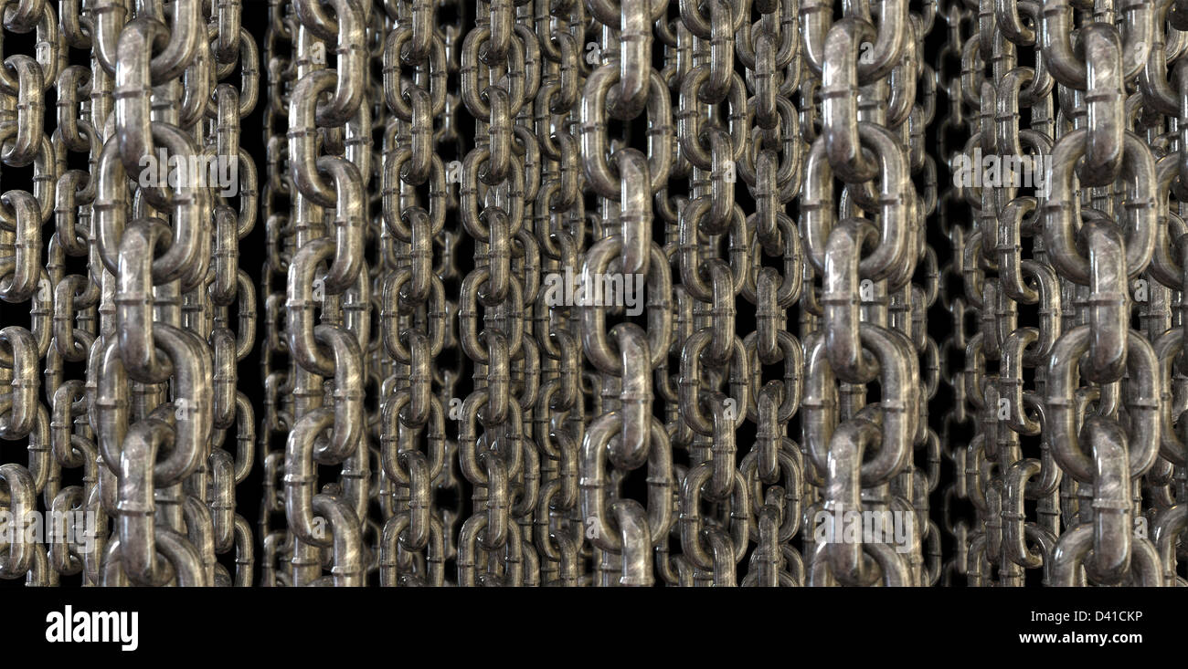 An abstract collection of metal chains hanging in varying positions ...