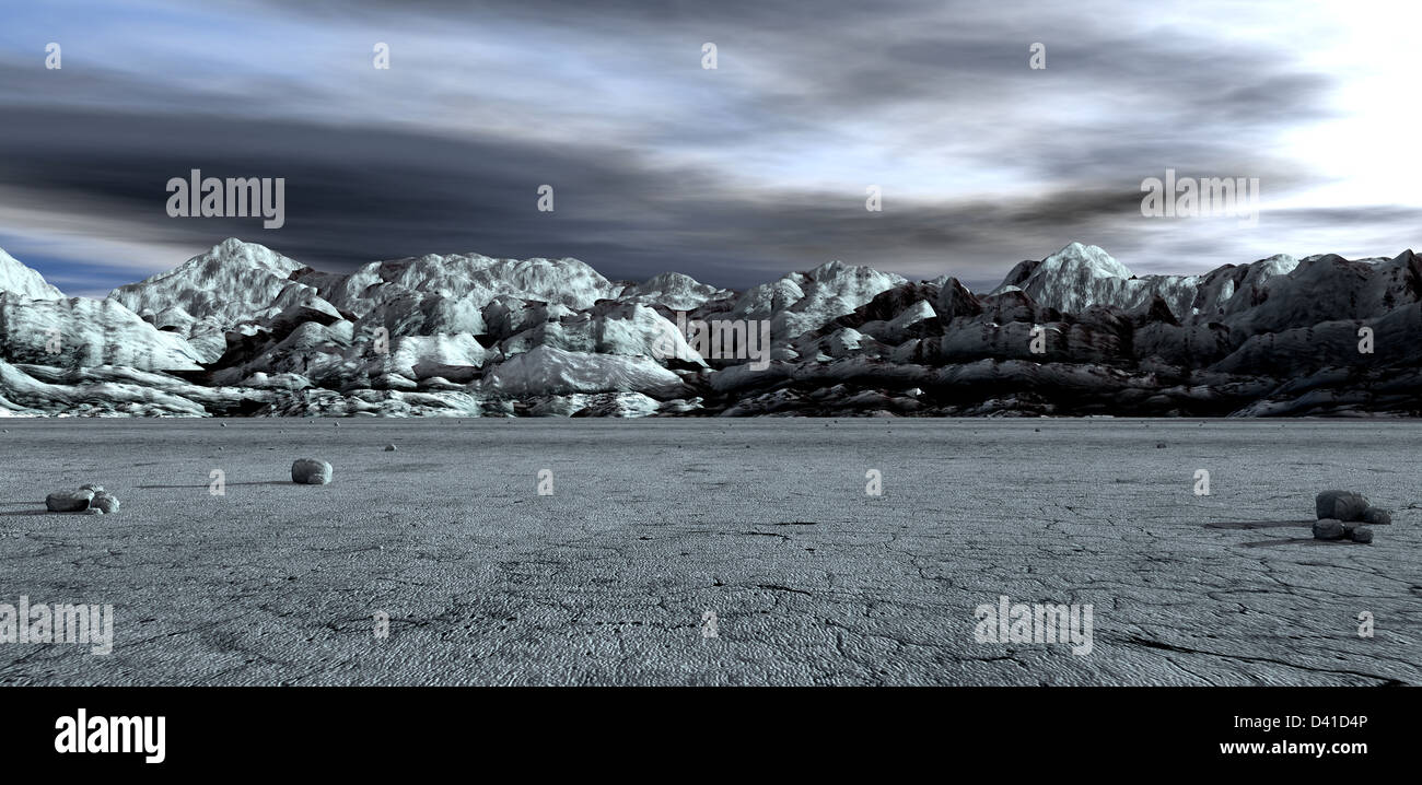 An ominous landscape with a barren flat foreground and mountains in the ...