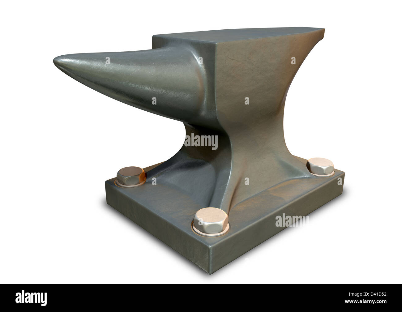 A heavy steel black anvil with for bolts holding it to an isolated ...
