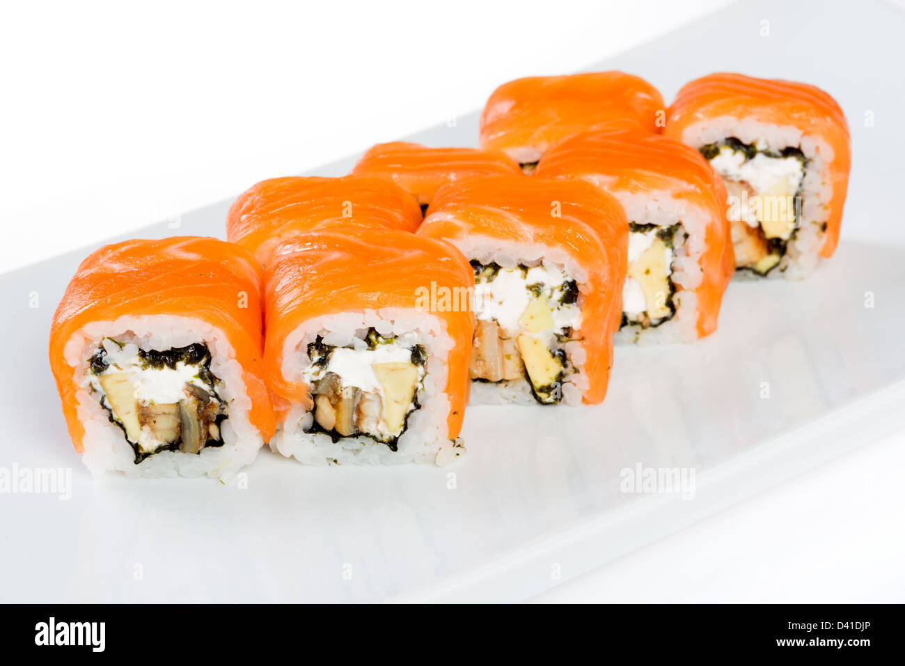 Sushi (Roll unagi maki syake) on a white background Stock Photo - Alamy