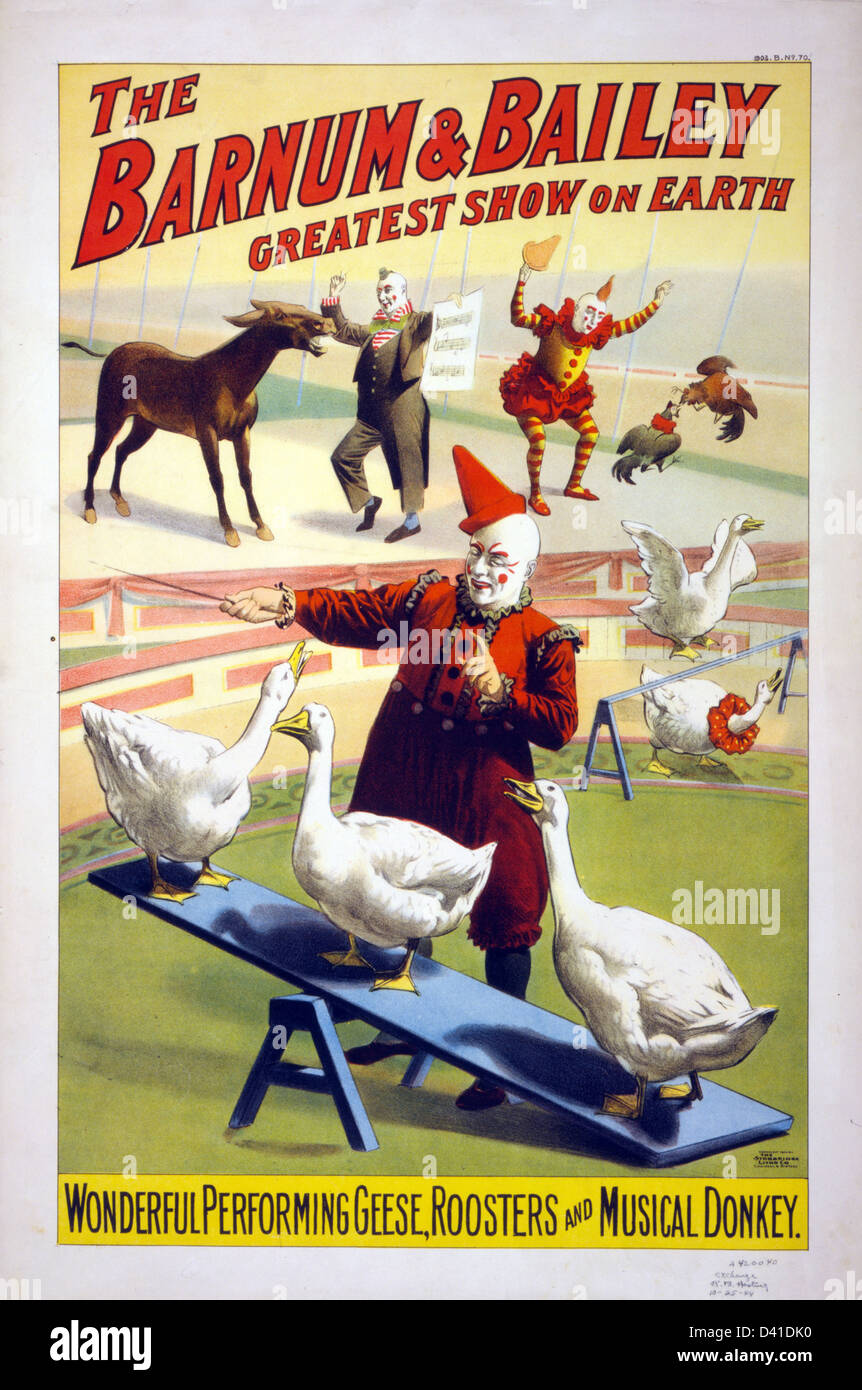 Barnum and Bailey circus poster with clowns performing geese and a ...