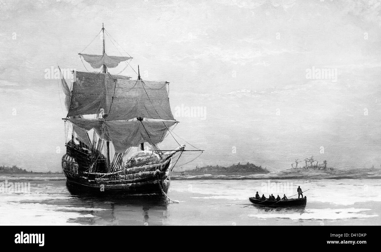 Vintage painting depicting the mayflower in plymouth harbor hi-res ...