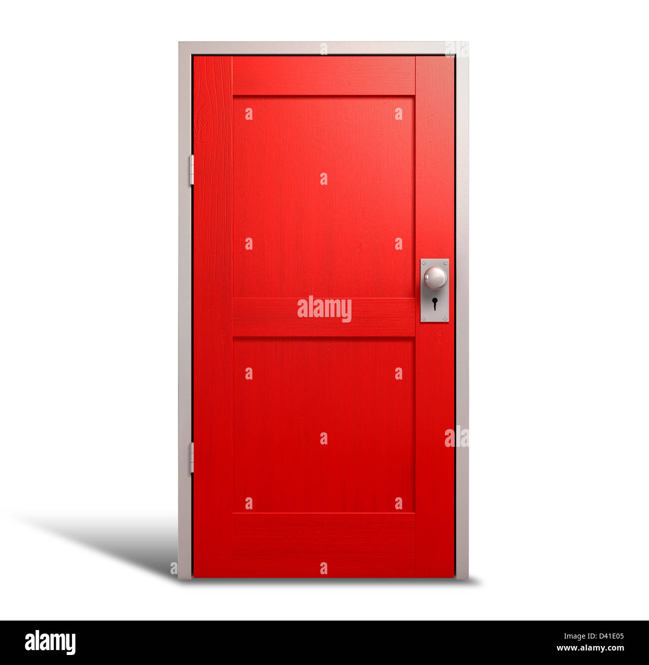 A regular wooden door painted red with a metal frame on an isolated ...