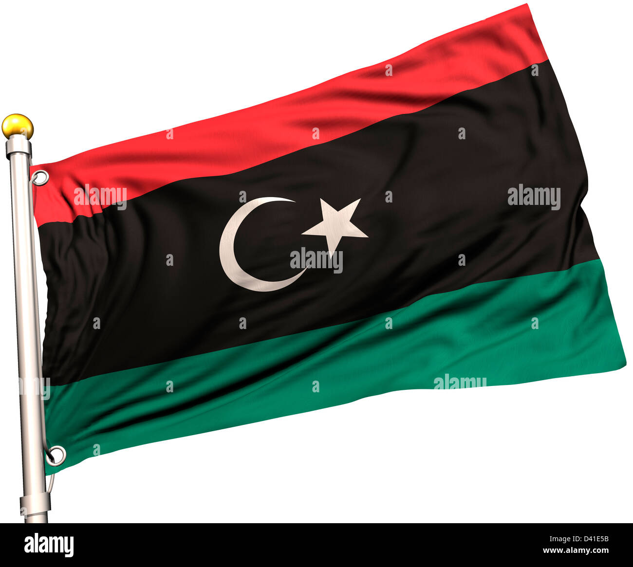 Libya flag on a flag pole. Clipping path included. Silk texture visible ...