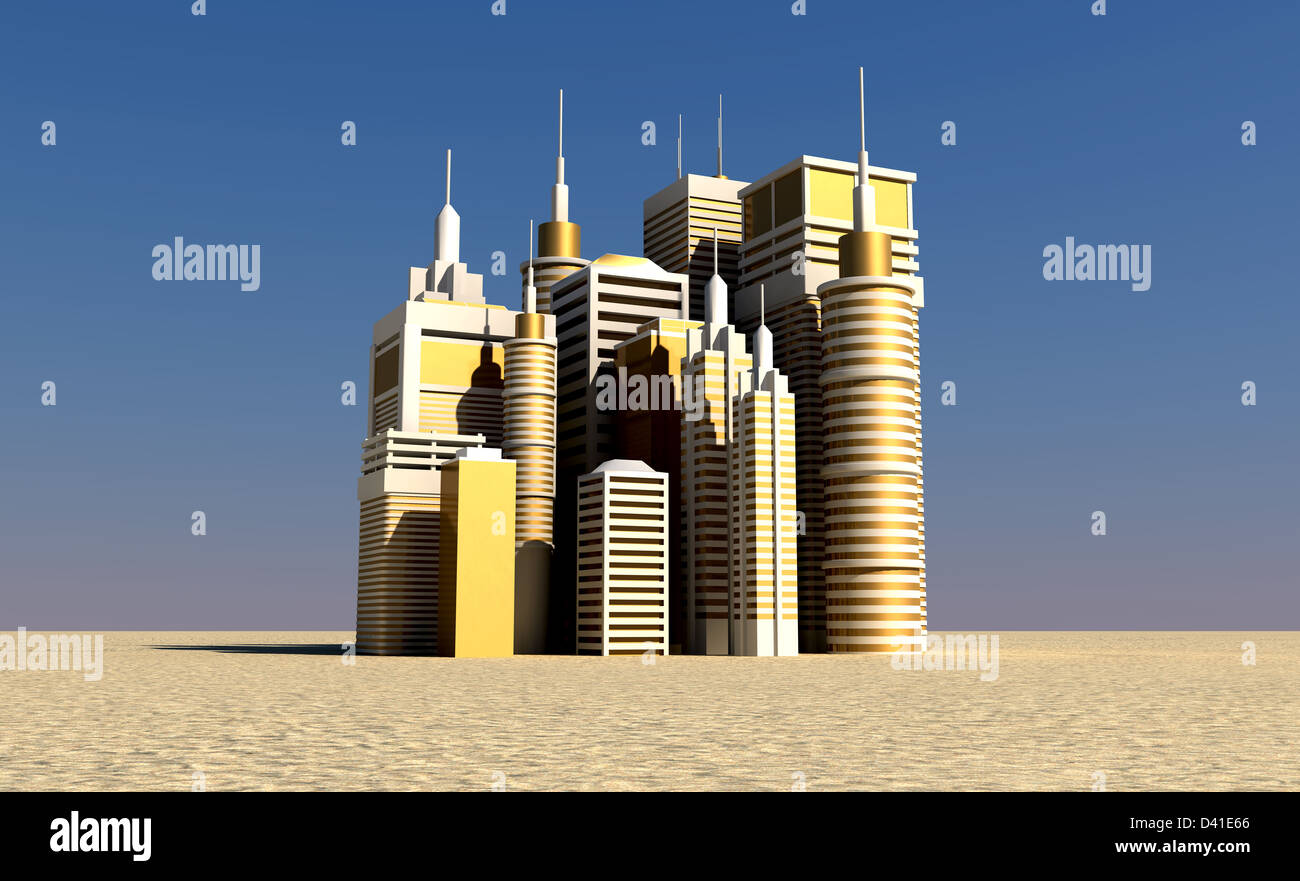 A small thriving golden city of skyscrapers rising out of the middle of ...