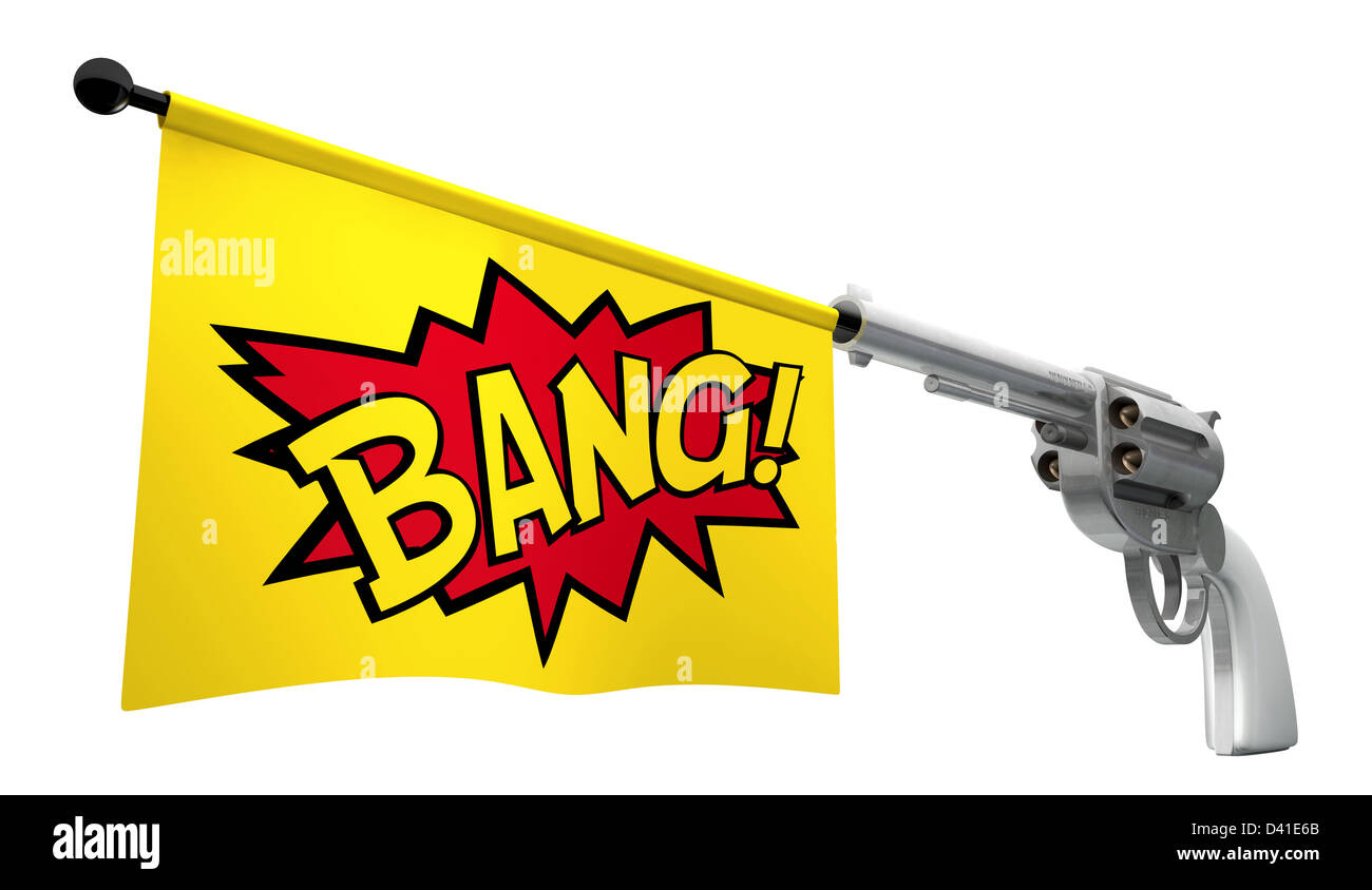 A gun pointed towards the camera with a flag coming out the barrel that ...