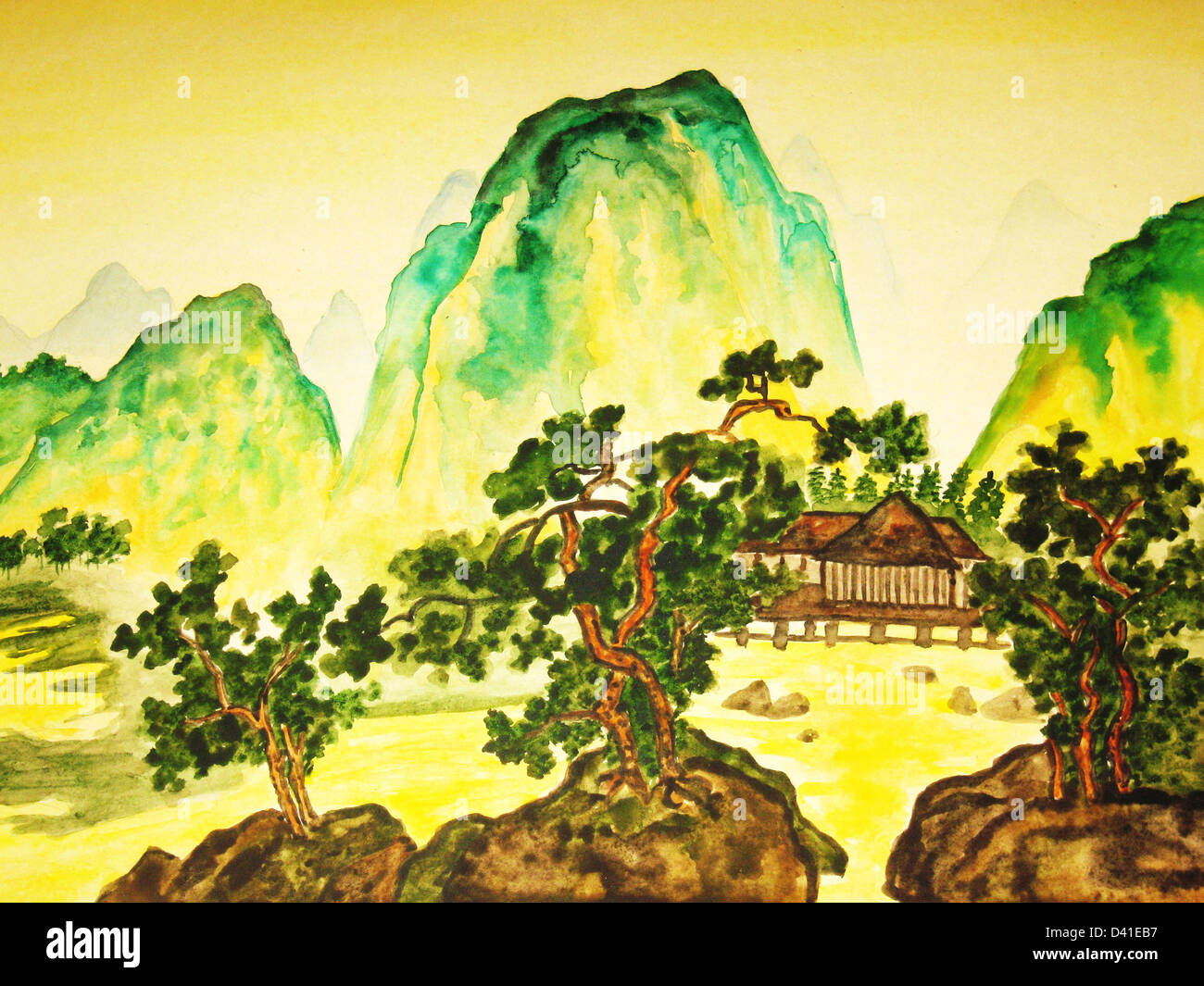 Hand drawn picture, in traditions of Chinese painting, watercolour ...