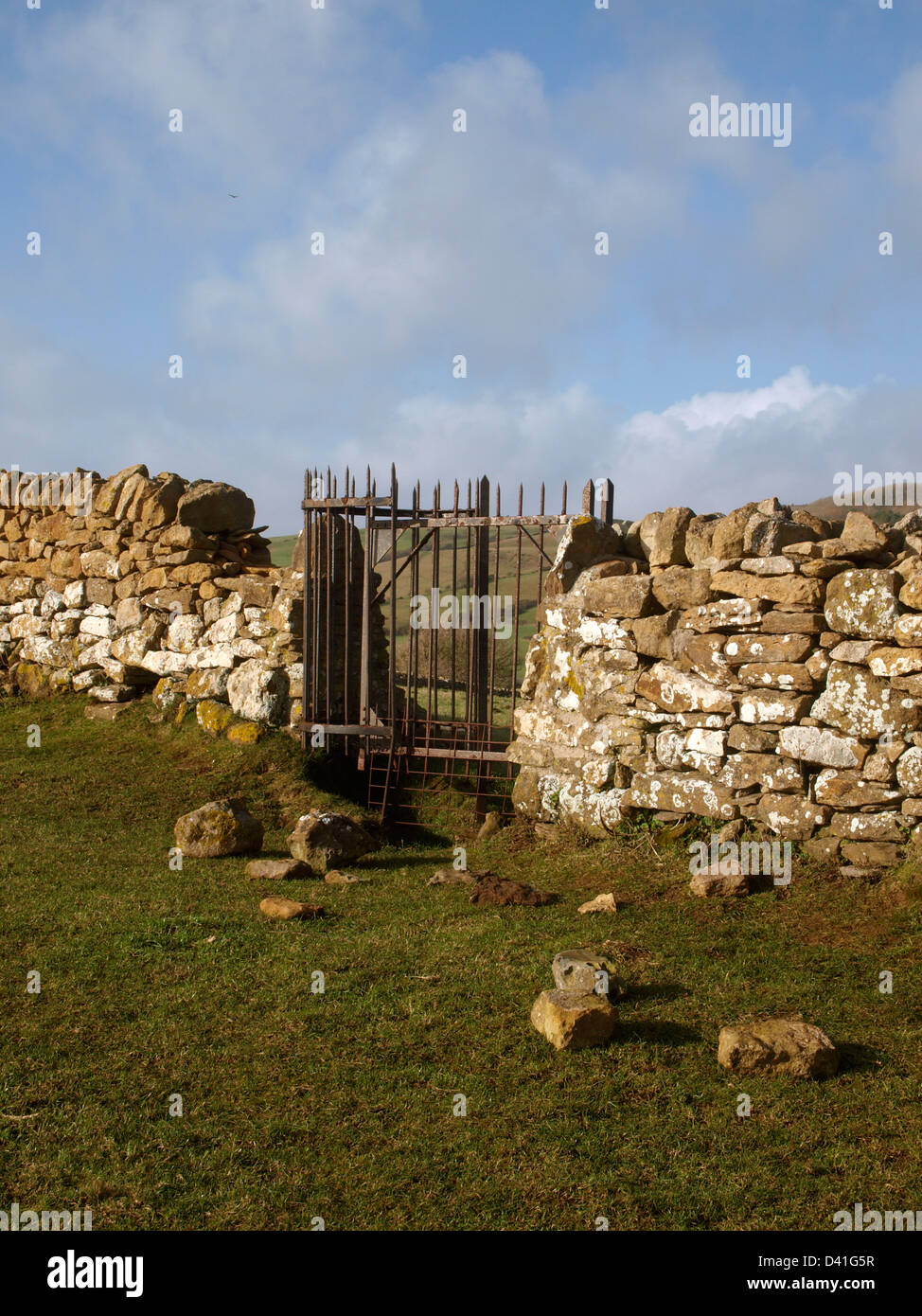 Old wrought iron gate in stone wall Stock Photo - Alamy