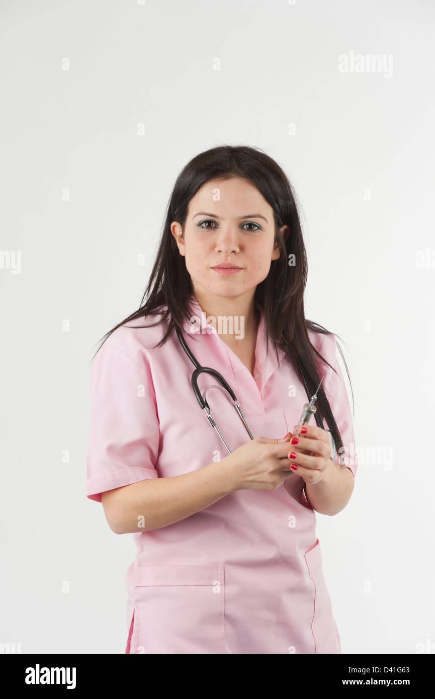 Nurse with stethoscope ready for injection Stock Photo - Alamy