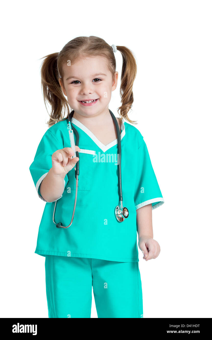 kid girl playing doctor with syringe isolated on white background Stock ...