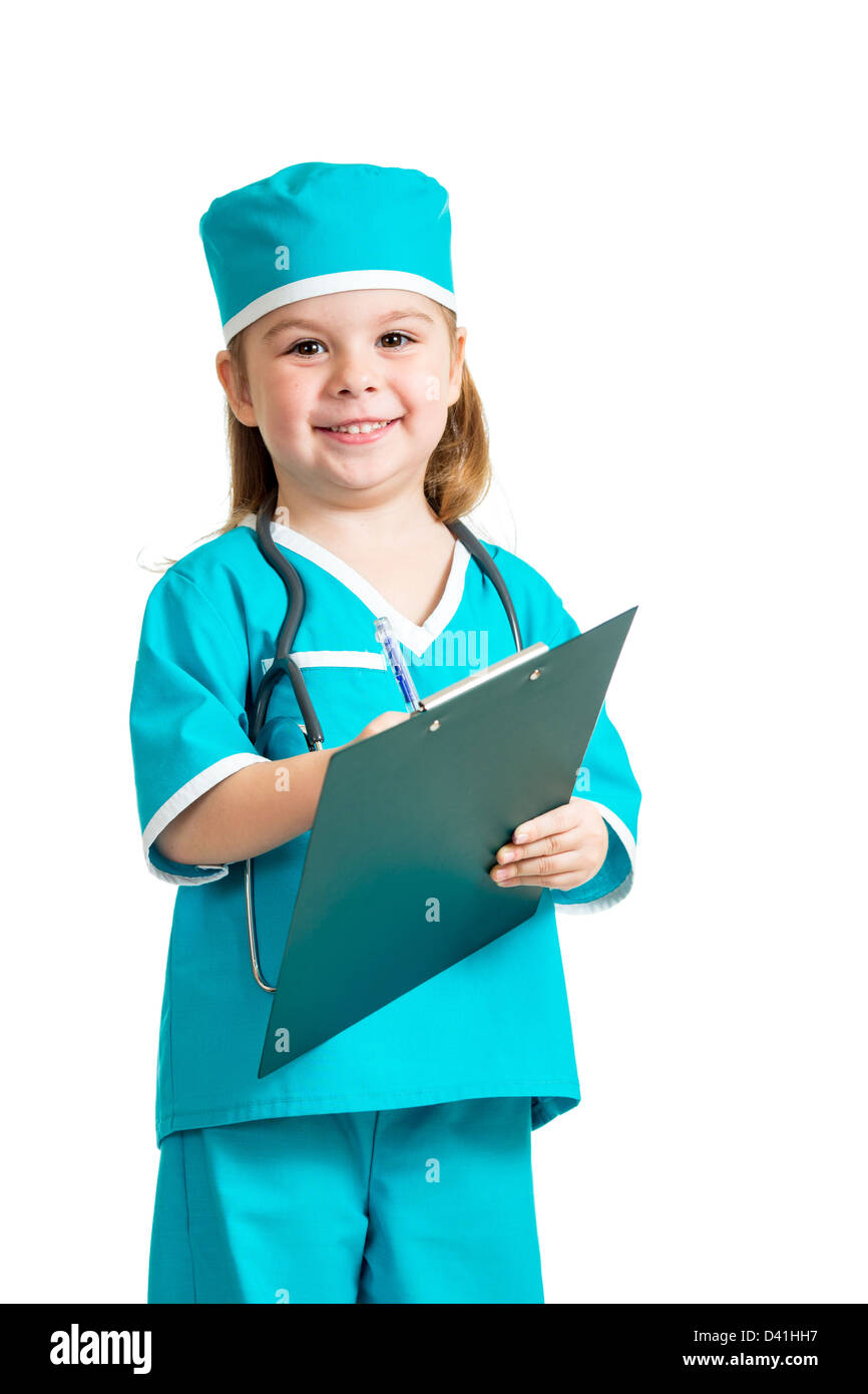 Cute child uniformed as doctor over white background Stock Photo - Alamy