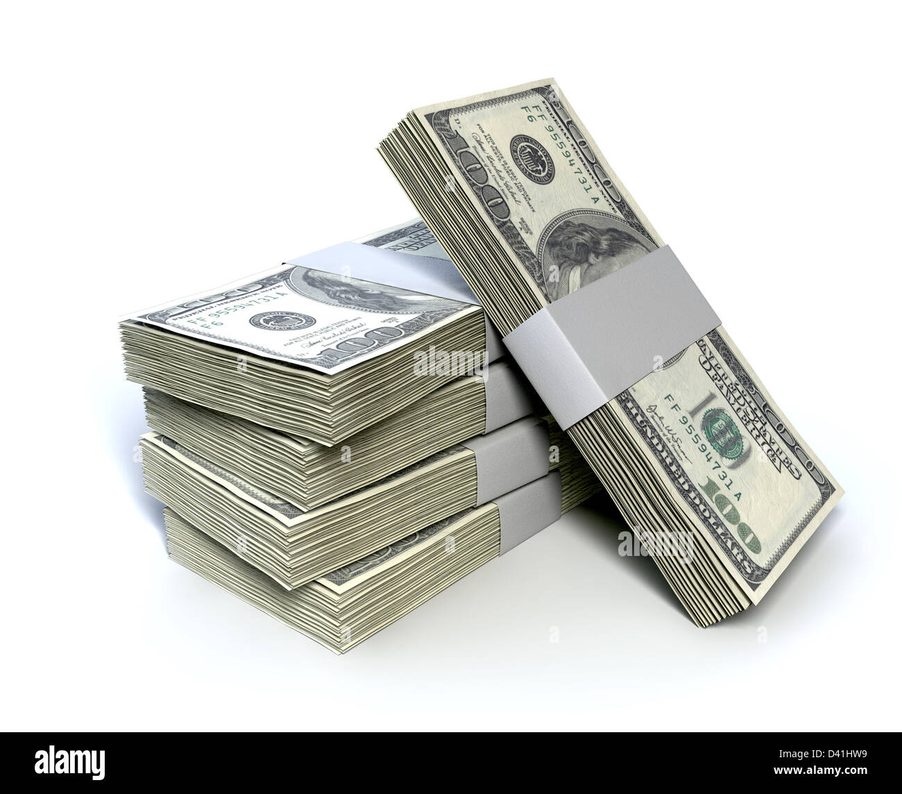 A stack of bundled one hundred dollar bill notes on an isolated ...