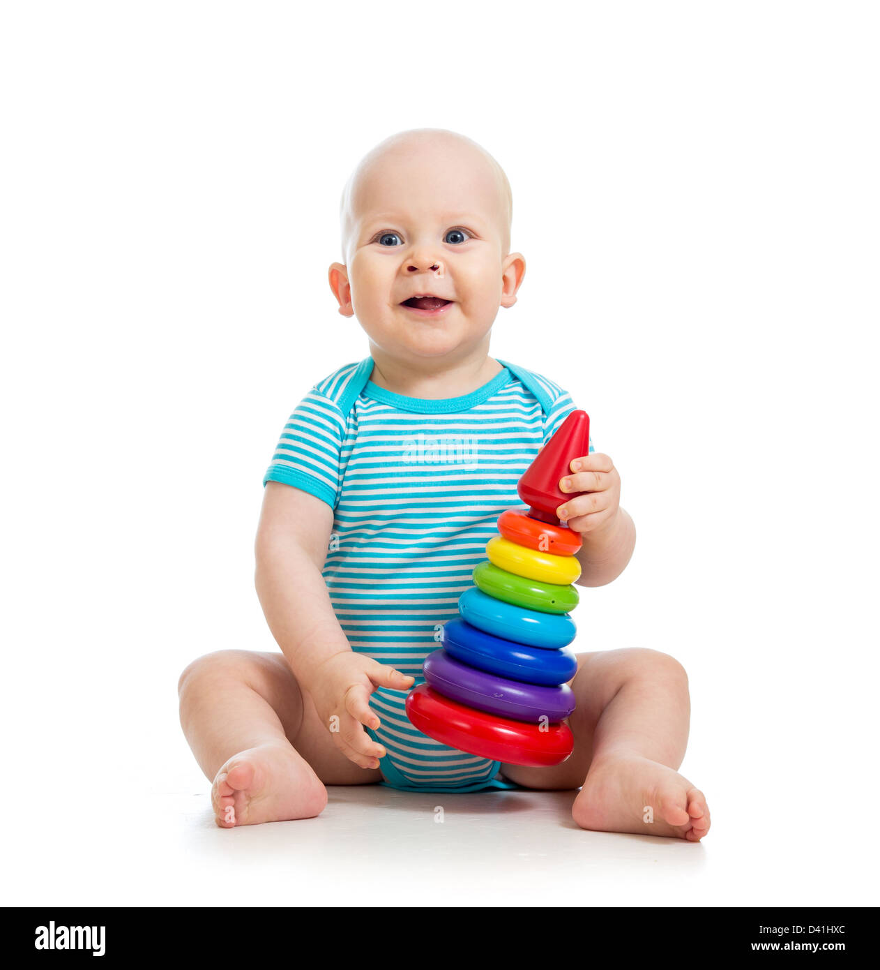 hapy baby boy playing with colorful toy isolated on white Stock Photo ...