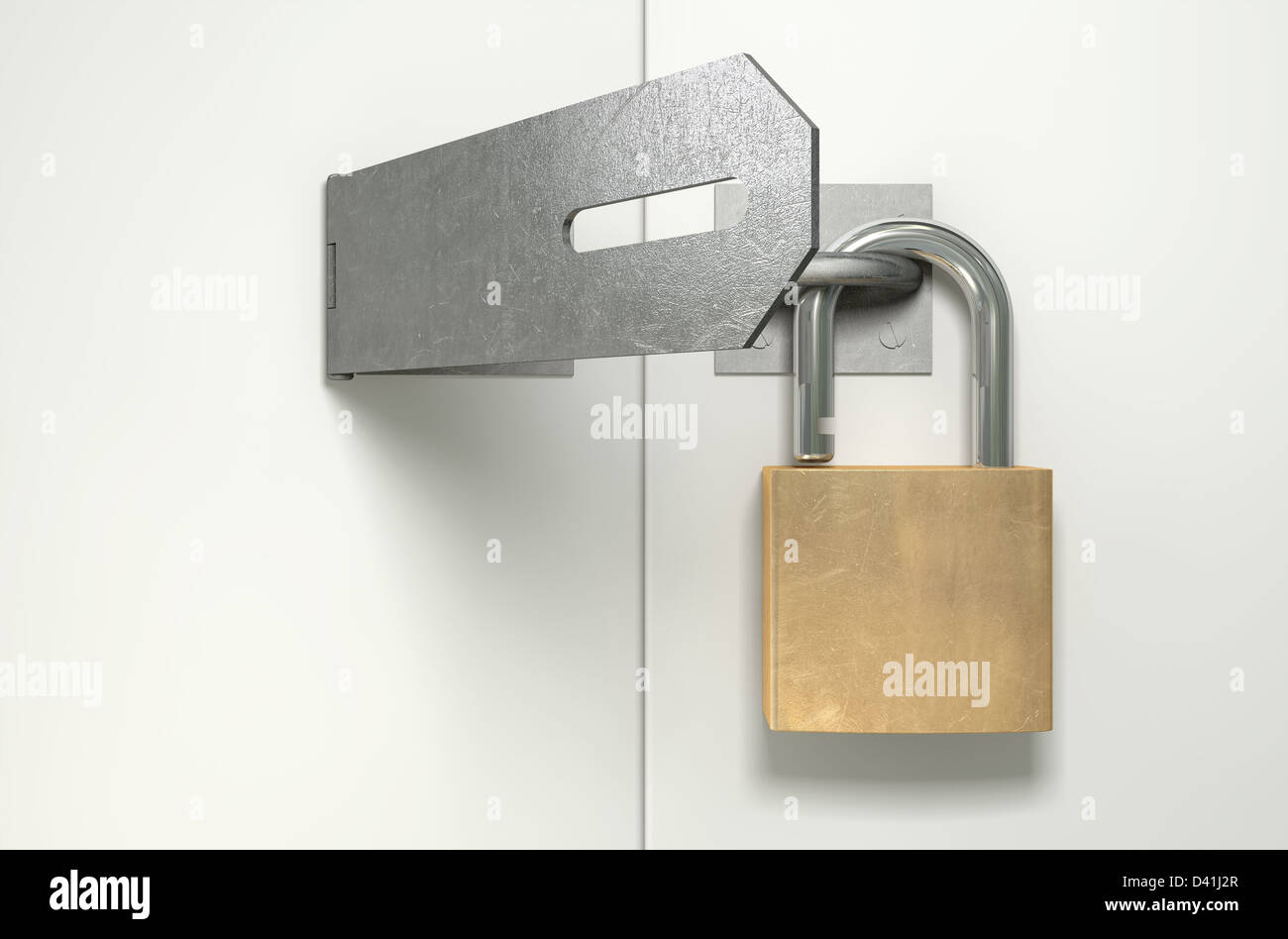 A front view of a regular metal hasp open with an open brass padlock ...