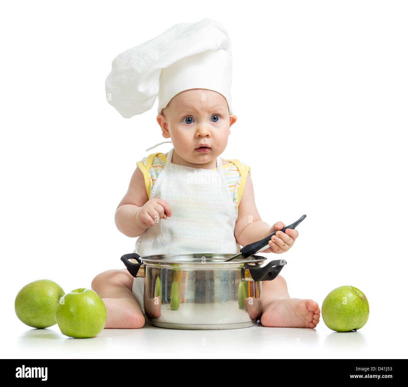funny adorable baby with green apples isolated on white background ...