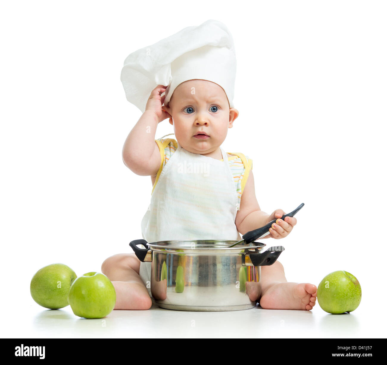 funny adorable baby with green apples isolated on white background ...