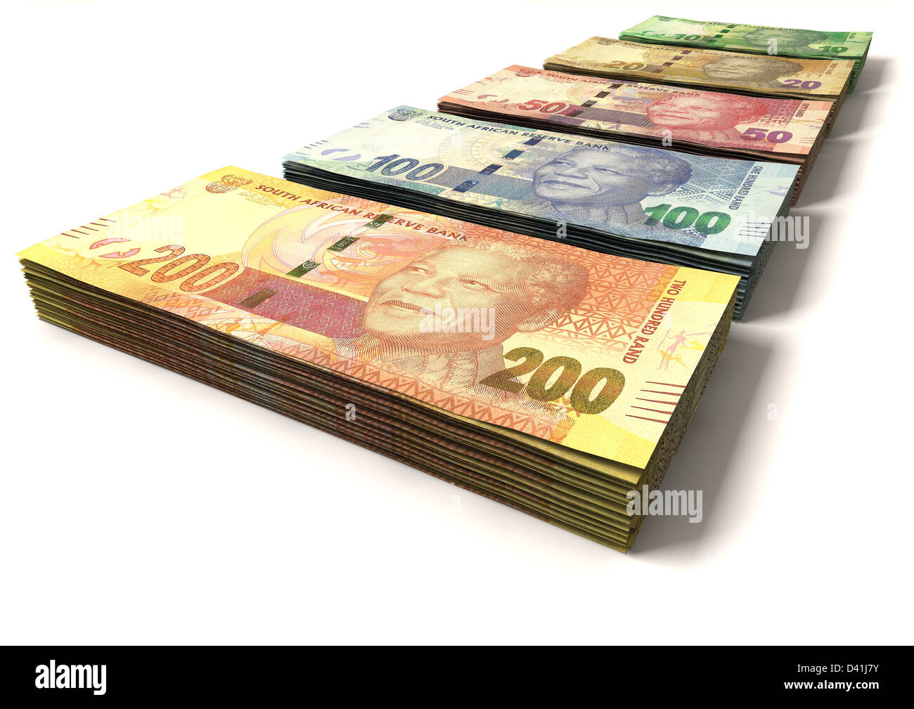 An assortment of all new south african notes in stacks depicting nelson ...