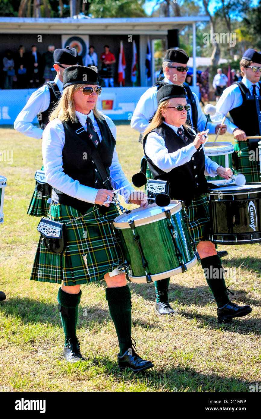 American-Scottish bagpipe Bandsmen & women march around the arena at ...