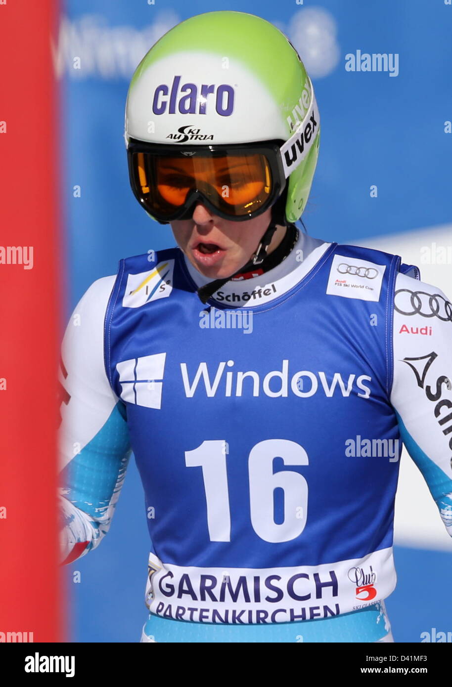 Anna Fenninger from Austria reacts in the finish area during the women ...