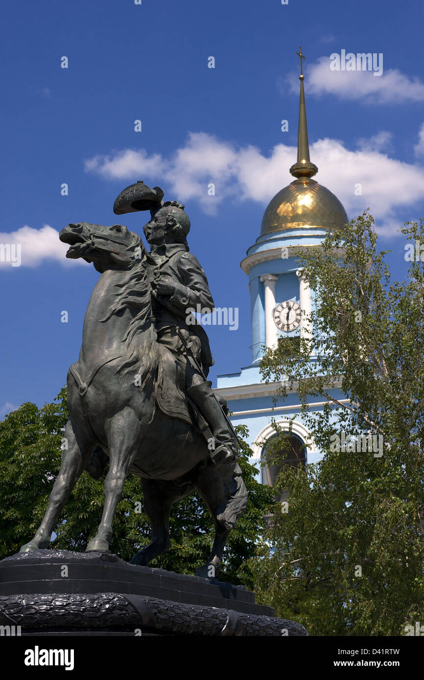 Suvorov Monument in south-western town Ismail, Ukraine. Cathedral of the Intercession on the ...