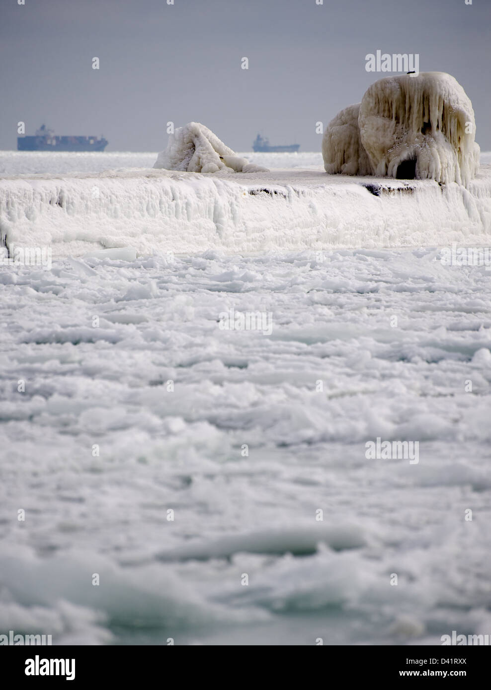 The frozen Black Sea at Arkadia, Odessa in Ukraine. Temperature was ...