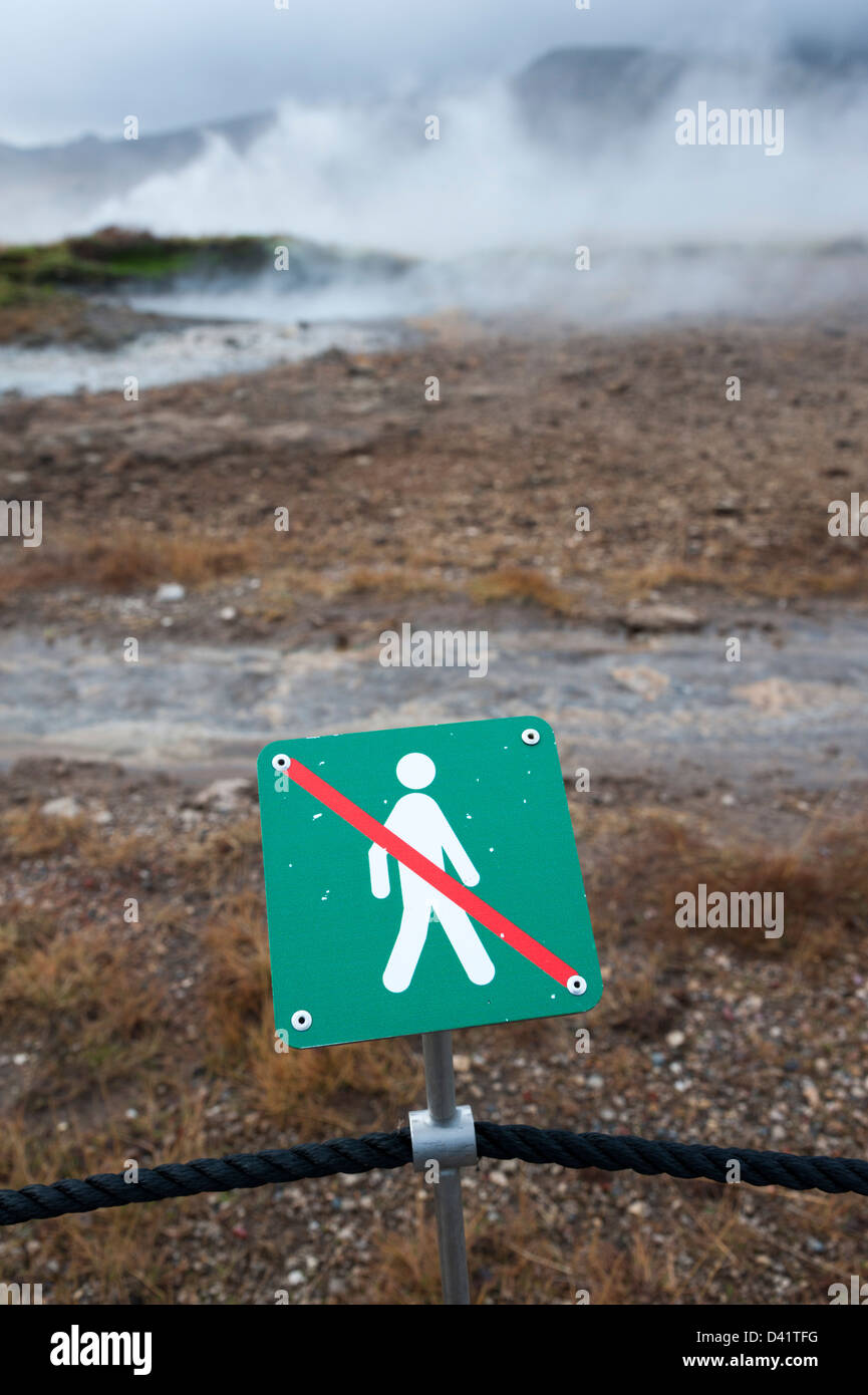 Warning sign of hot earth at Geysir or Geyser Iceland Stock Photo - Alamy