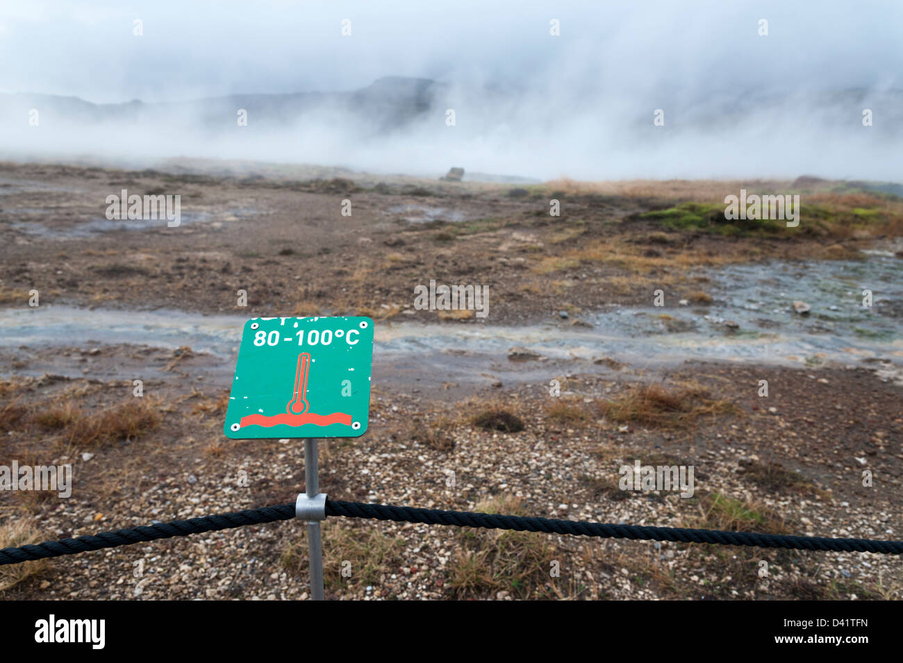 Warning sign of hot earth at Geysir or Geyser Iceland Stock Photo - Alamy