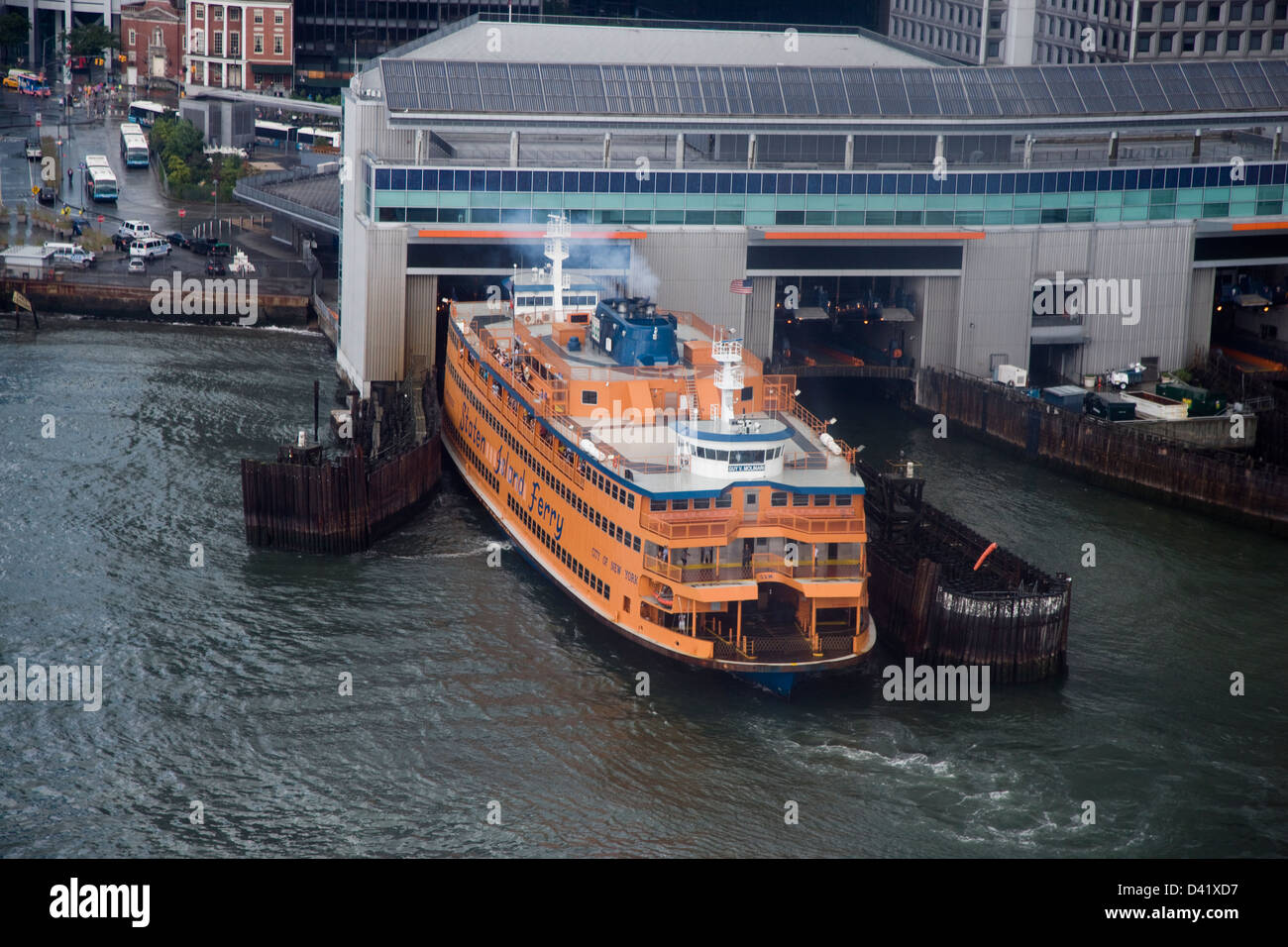 Aerial view of the Staten Island Ferry docked in Manhattan, New York ...