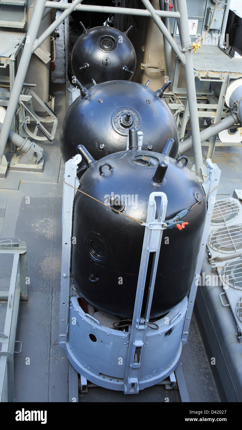 Sea mines aboard the minelayer Keihässalmi, presently a museum ship of ...