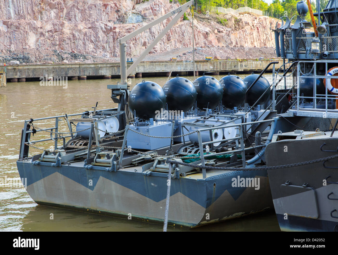 Sea mines aboard the minelayer Keihässalmi, presently a museum ship ...