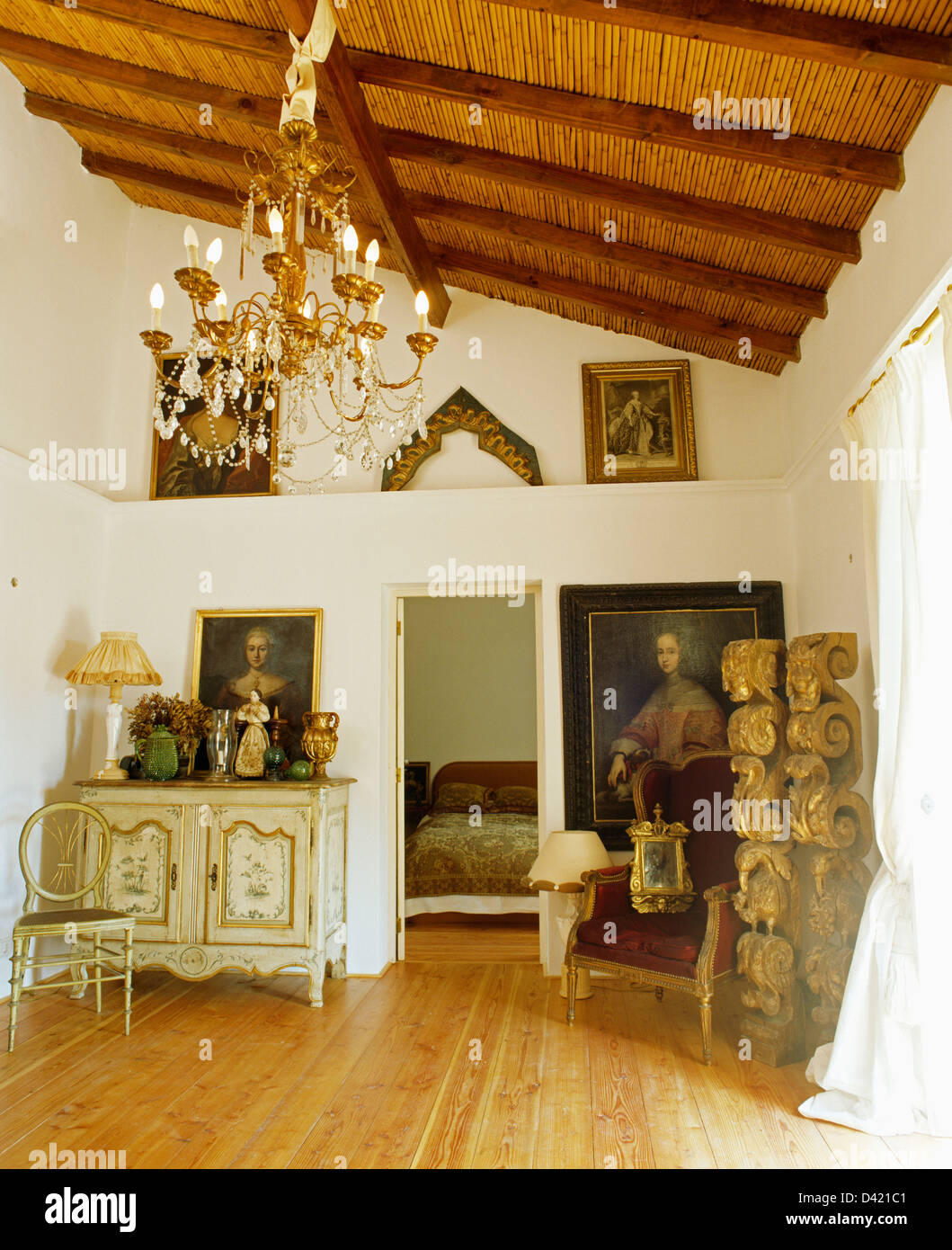 Traditional reed and wooden beamed ceiling in Portuguese country hall ...
