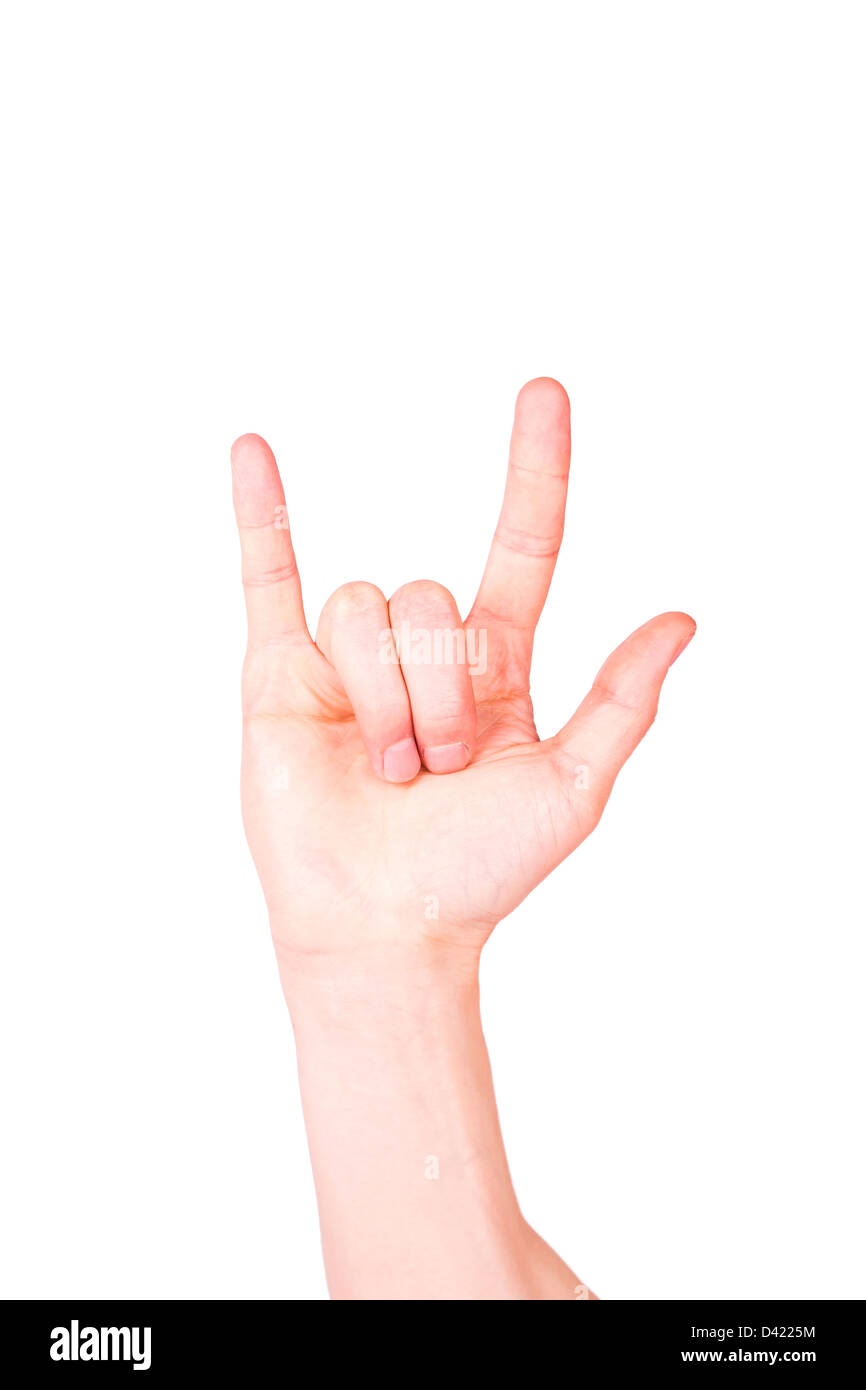 Male hand forming a sign of unity and victory isolated on white Stock ...