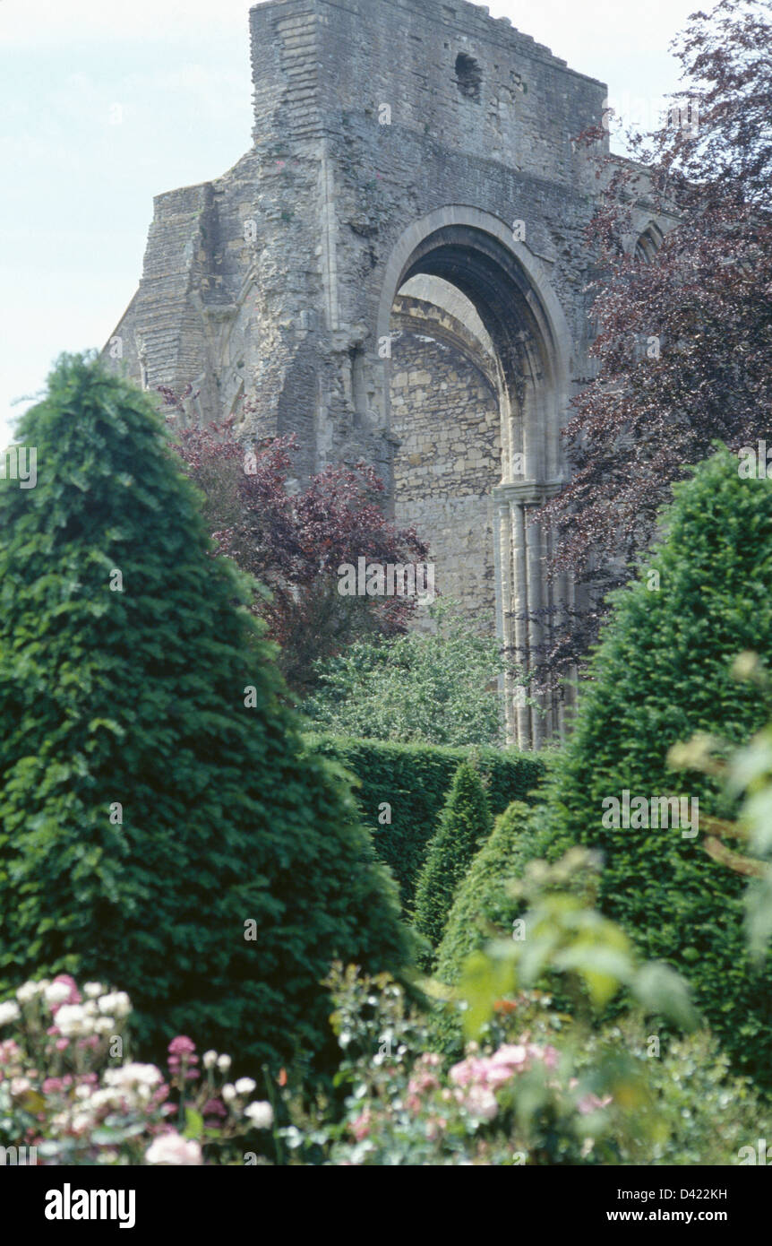 Clipped conifers in garden below crumbling stone arched wall Stock ...
