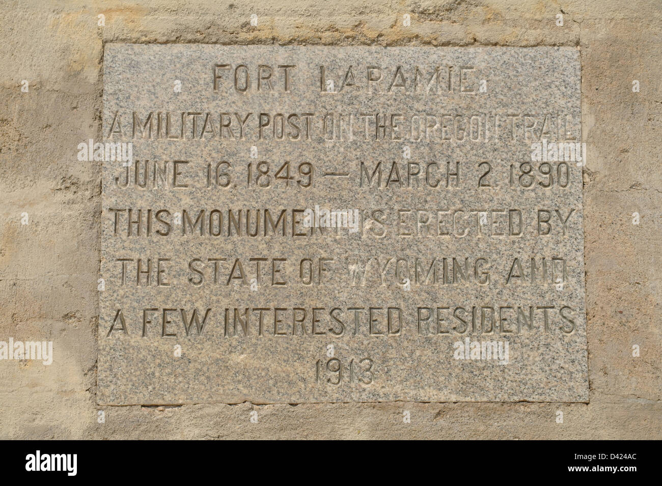 Monument sign, erected in 1913, summarising history Fort Laramie (a ...