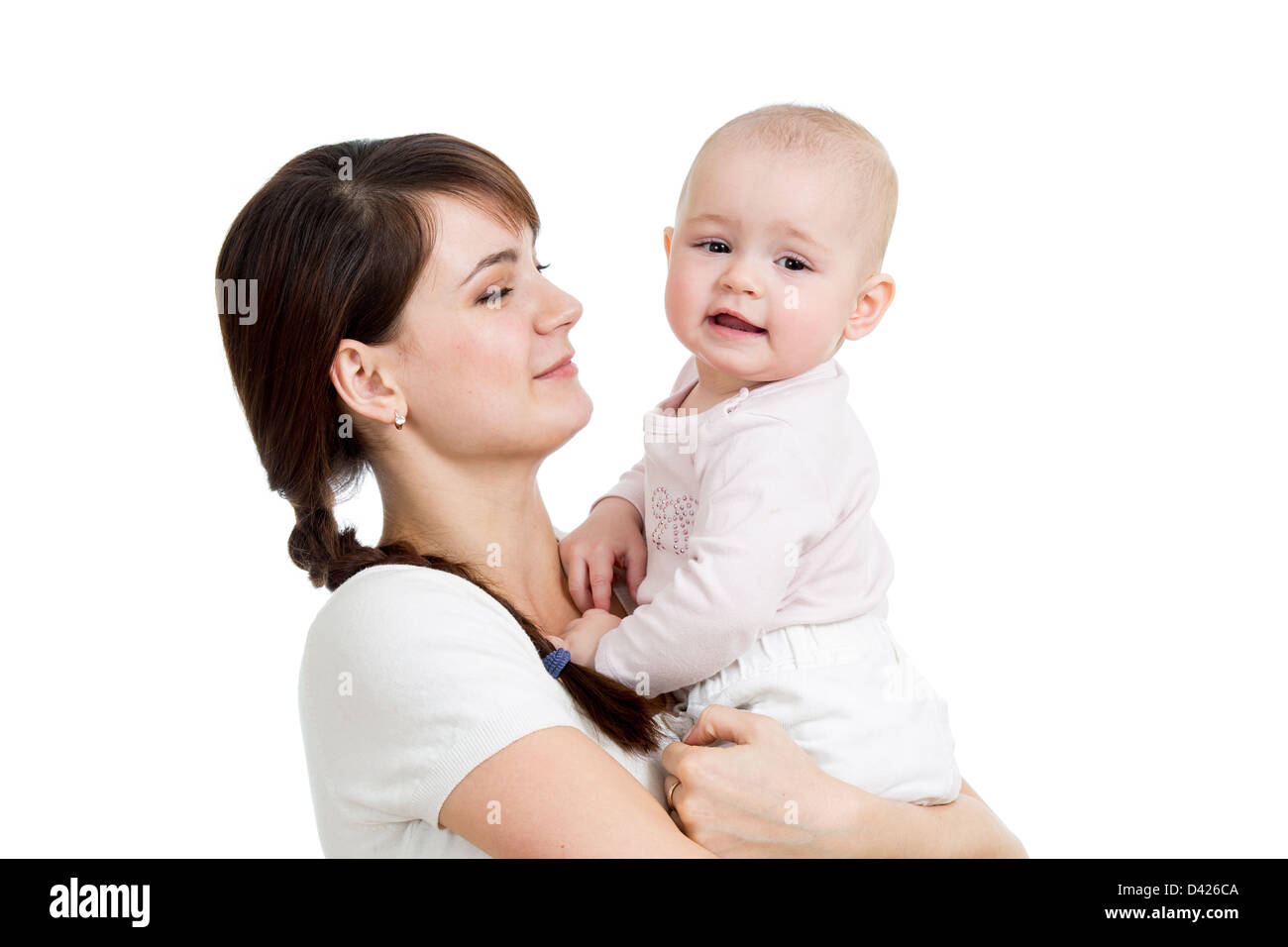 Happy mother looking at her baby girl isolated Stock Photo - Alamy