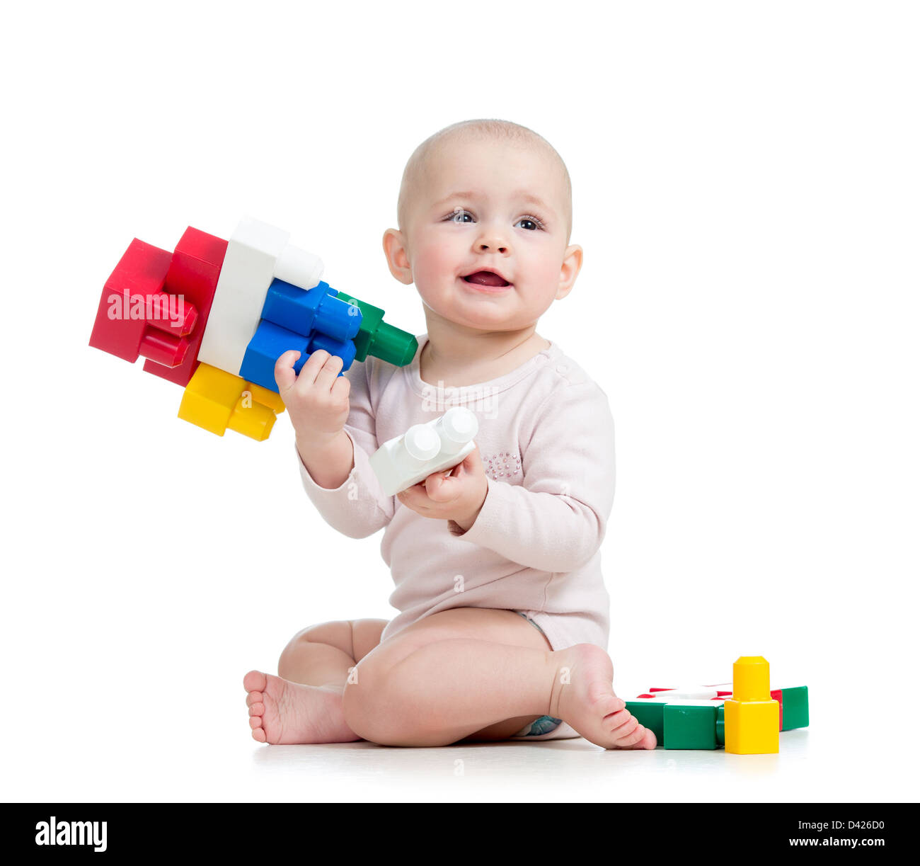 kid boy playing with construction set over white background Stock Photo ...