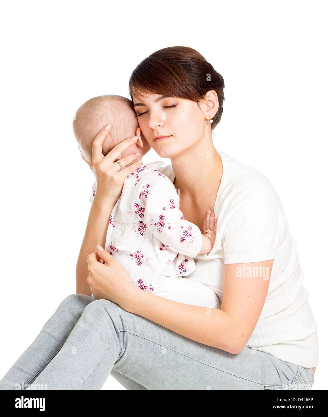 Mother trying to comfort her crying baby isolated Stock Photo - Alamy