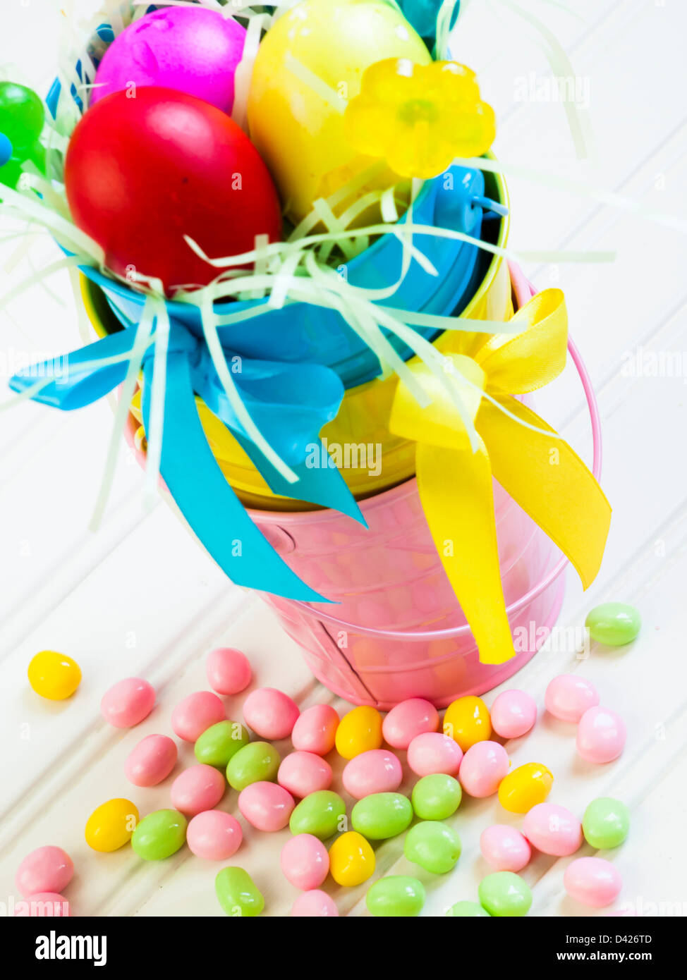 Easter basket with colorful eggs in grass Stock Photo - Alamy