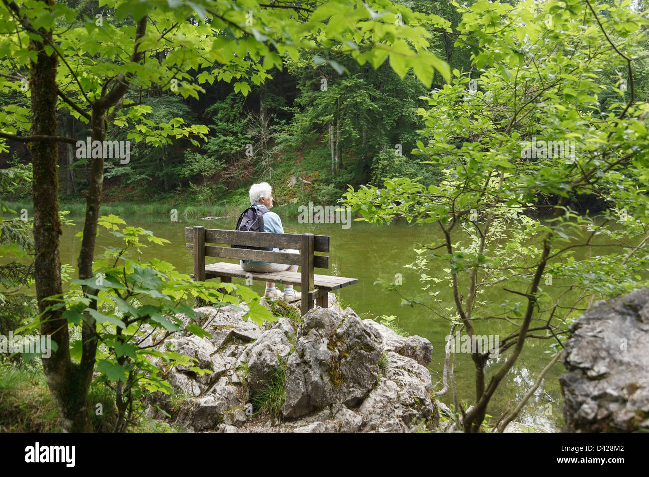 Senior woman sitting quietly alone on a bench in rain in quiet peaceful ...