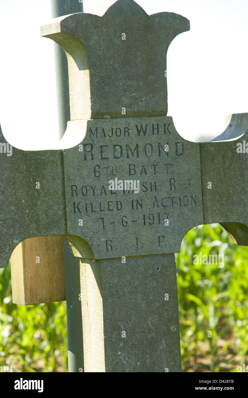 Memorial grave to Major William (Willie) Redmond by Locre Hospice British First world War ...