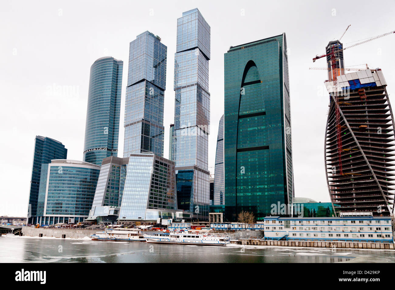 urban panorama of Moscow city office center glass towers in overcast ...