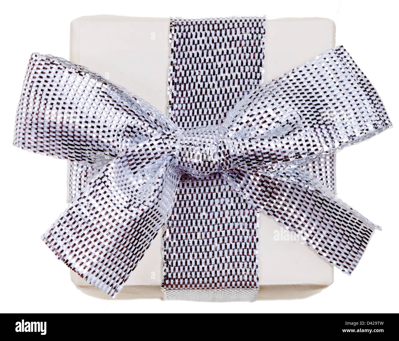 small handmade paper gift box with silver bow isolated on white ...