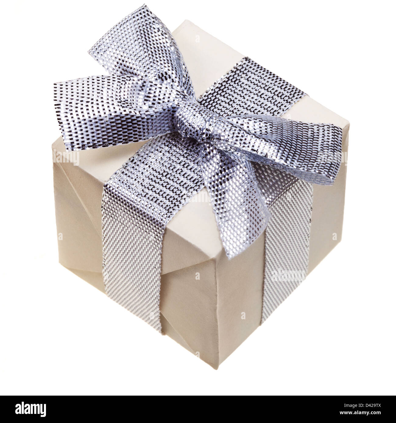 small handmade paper gift box with silver bow isolated on white ...